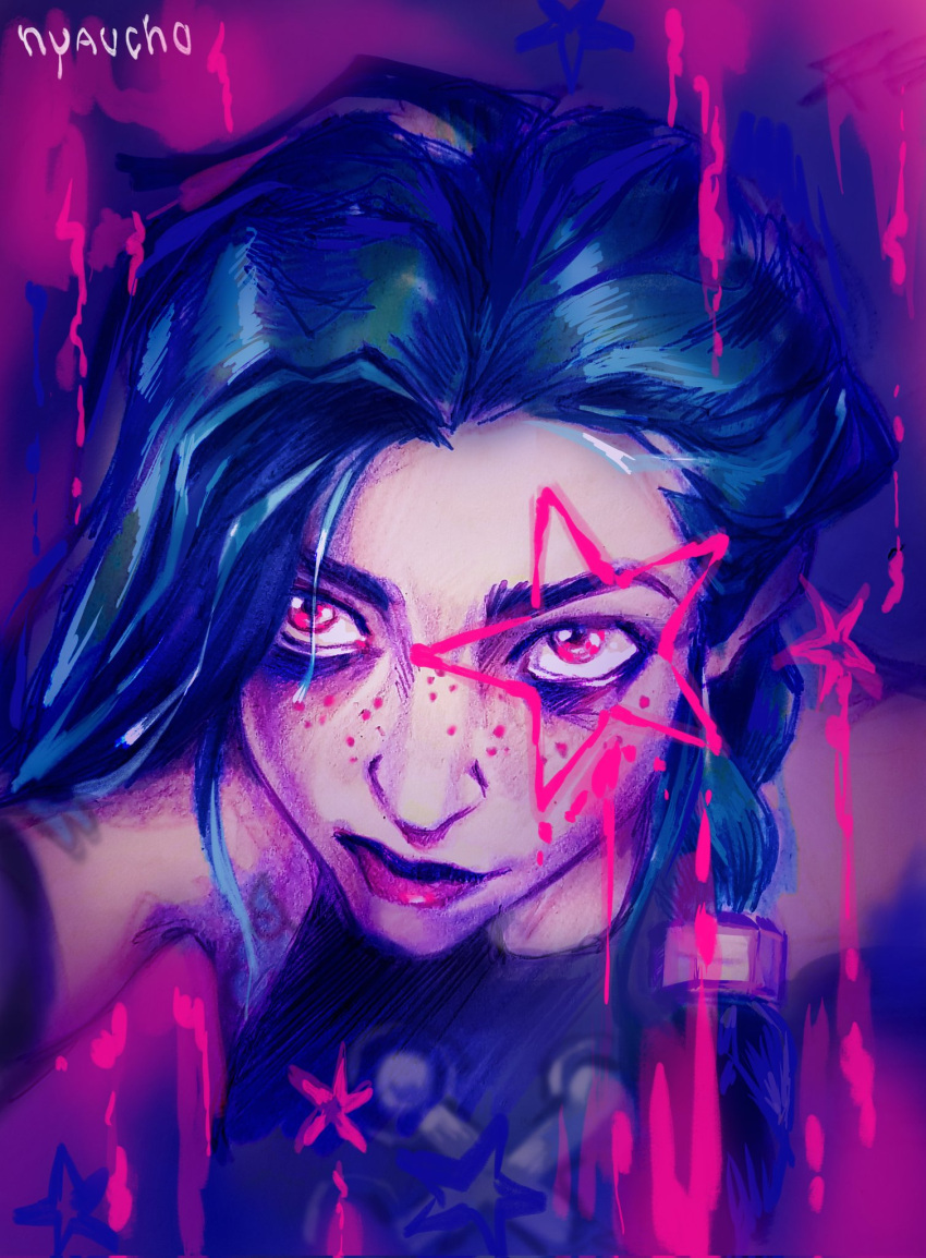 Safebooru - 1girl arcane arcane: league of legends arcane jinx blue hair braid eyeliner freckles ...