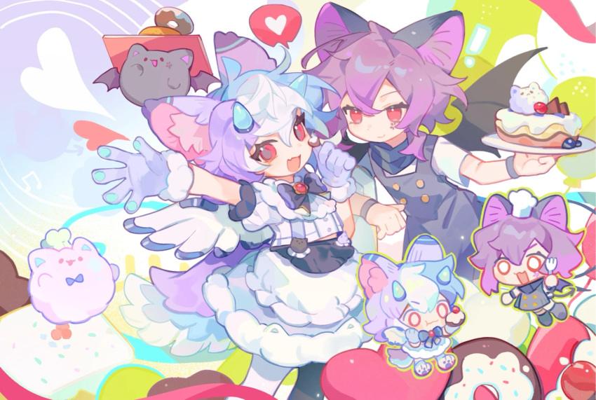 Safebooru - 2girls :d animal ears blue hair blush bow bowtie cat ears dress firlls food fork ...
