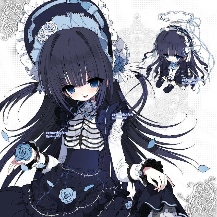 Safebooru - 1girl blue eyes blue flower blue rose bone bonnet bouquet dress flower highres ...