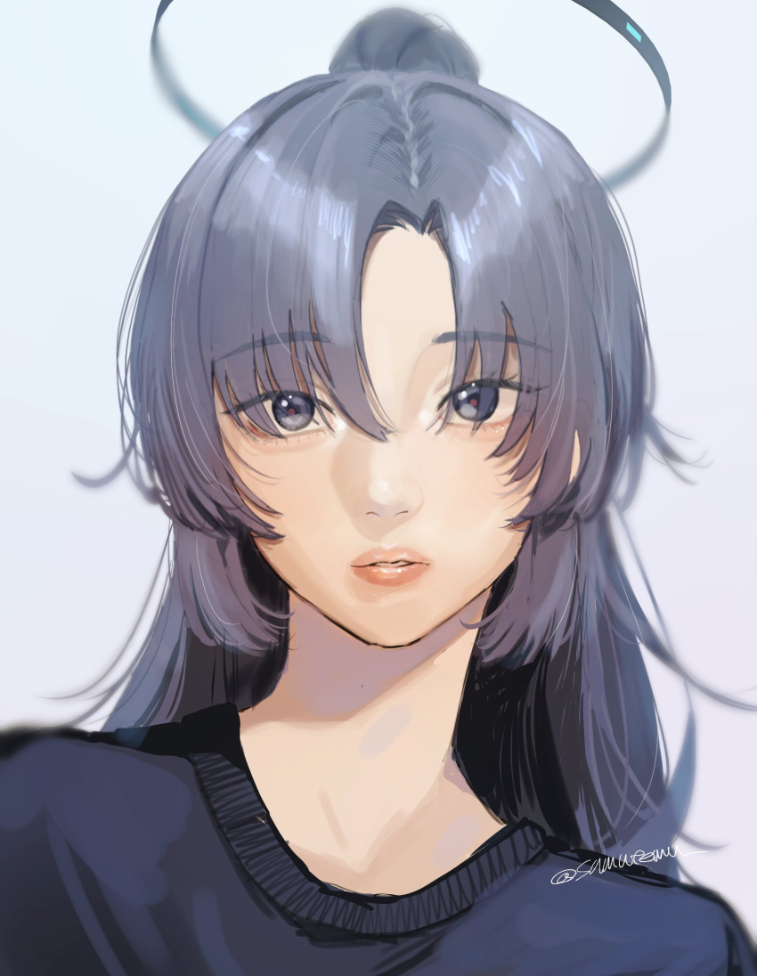 Safebooru - 1girl black halo black shirt blue archive halo high ponytail highres kamiyama sumu ...