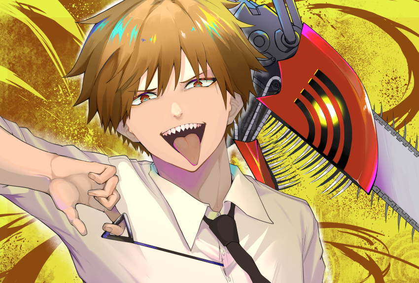 Safebooru - 1boy absurdres black necktie blonde hair brown eyes chainsaw chainsaw man collared ...