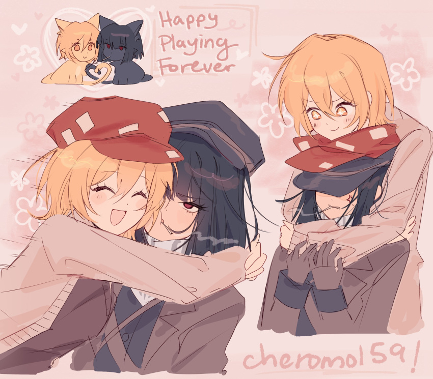 Safebooru - 2girls :d animalization annoyed arms around neck black hair blonde hair brown gloves ...