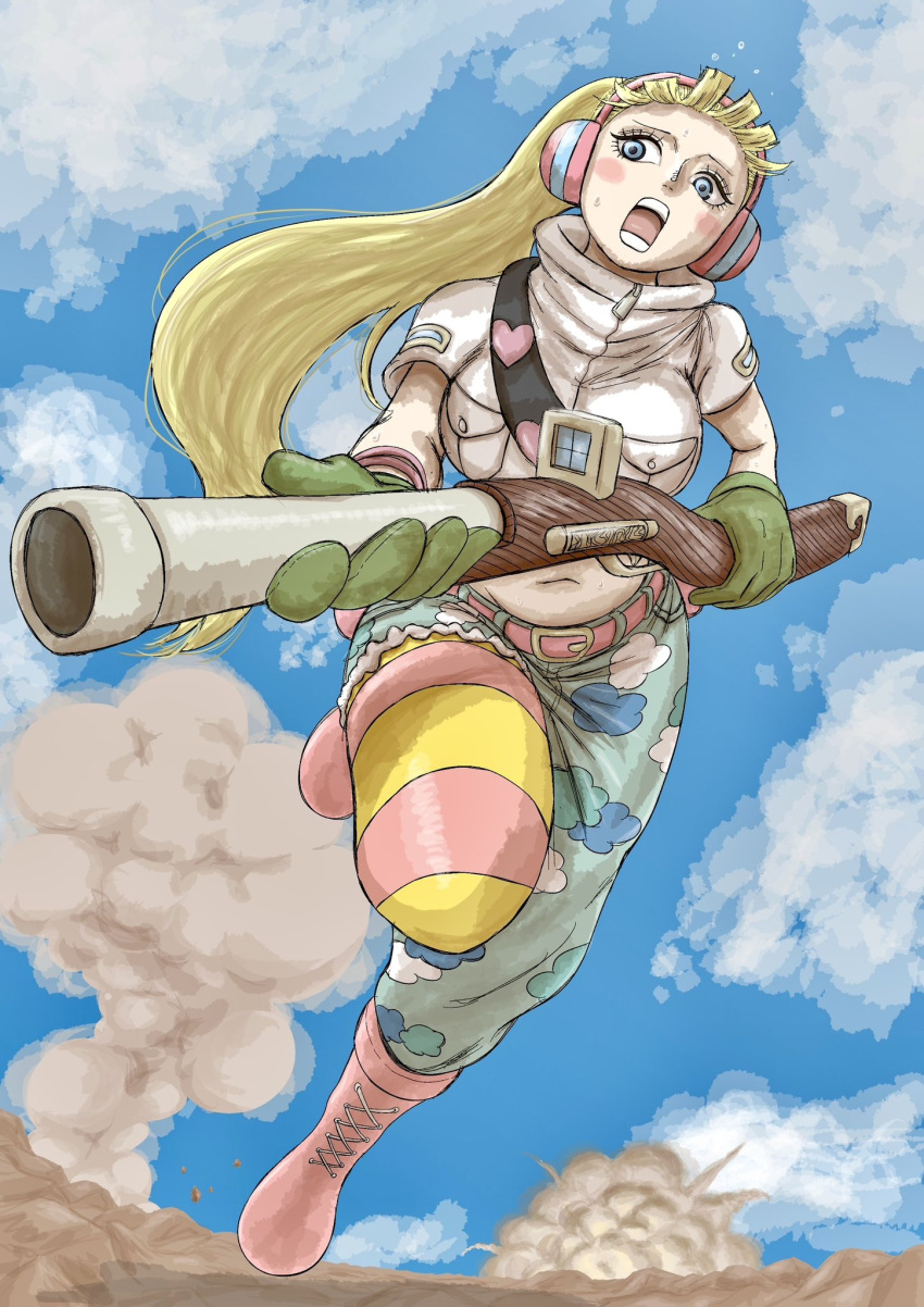 Safebooru - 1girl belt blonde hair gun headphones hibari (one piece) highres long hair navel one ...