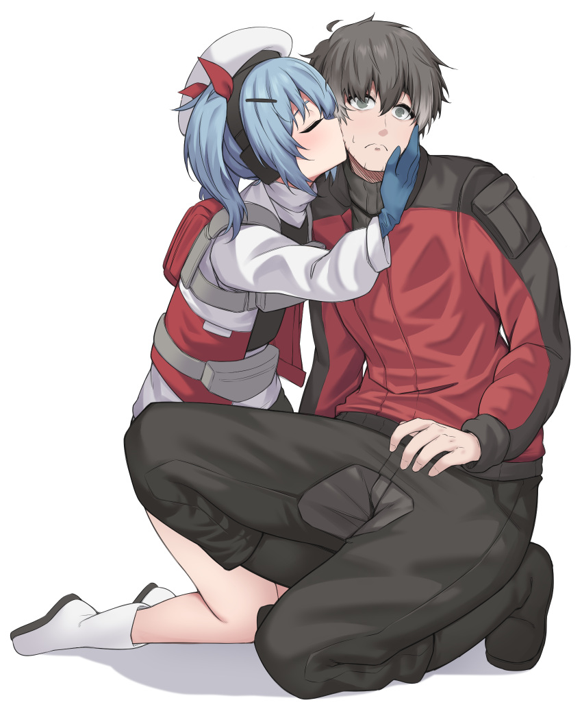 Safebooru - 1boy 1girl act (xadachit) bare legs black eyes black hair black pants blue gloves ...