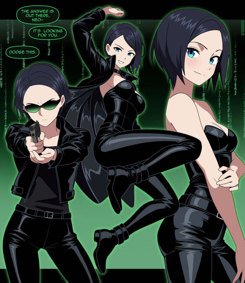 Safebooru - 1girl absurdres bare shoulders black jacket black pants black shirt blue eyes ...