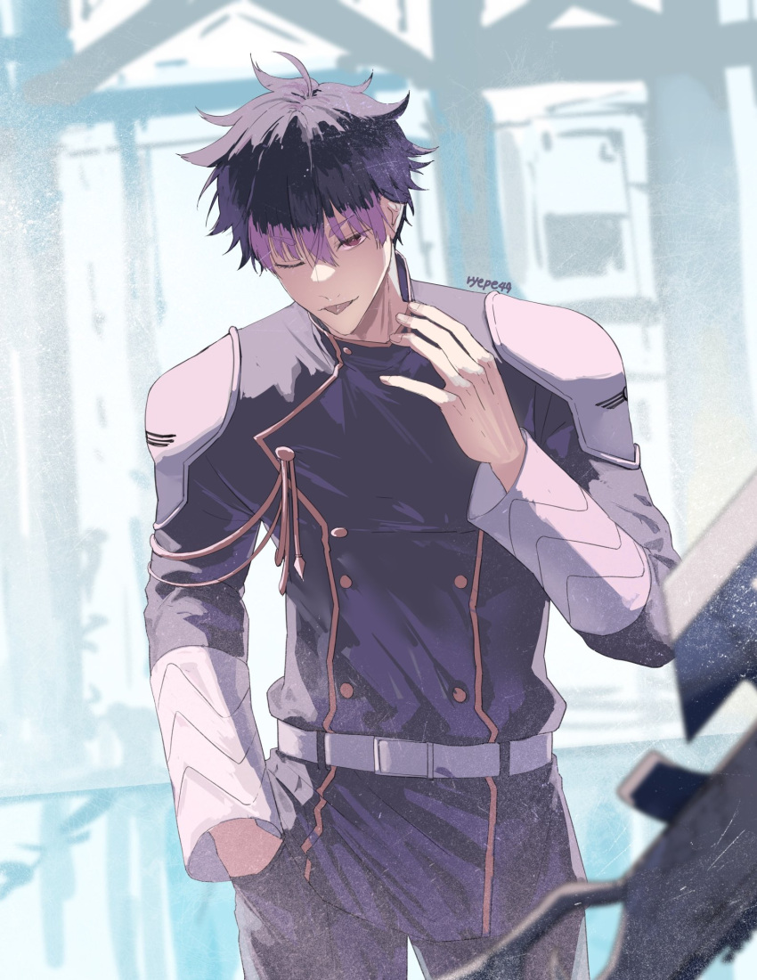 Safebooru - 1boy belt black pants hand in pocket hand up highres hoshina soshiro kaijuu no. 8 ...