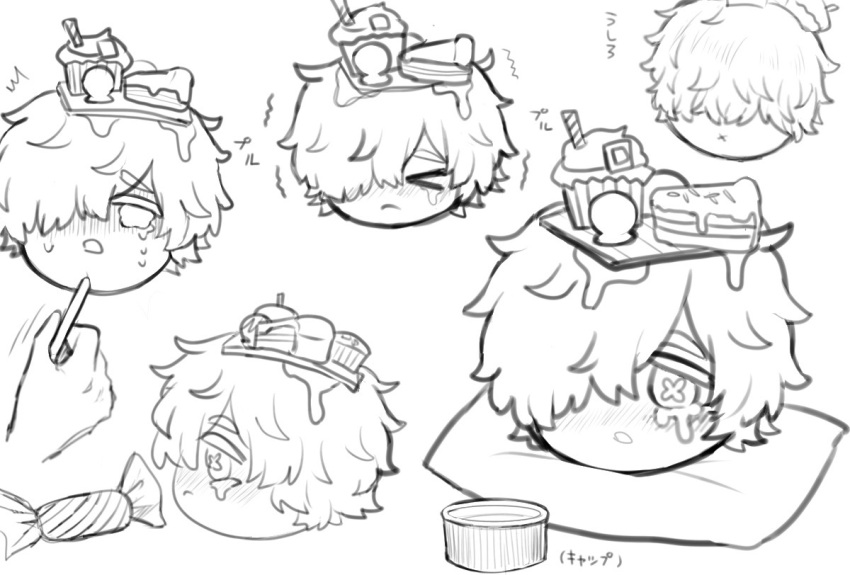 Safebooru - 1boy andrew kreiss bowl cake candy candy wrapper chibi closed eyes cupcake food ...