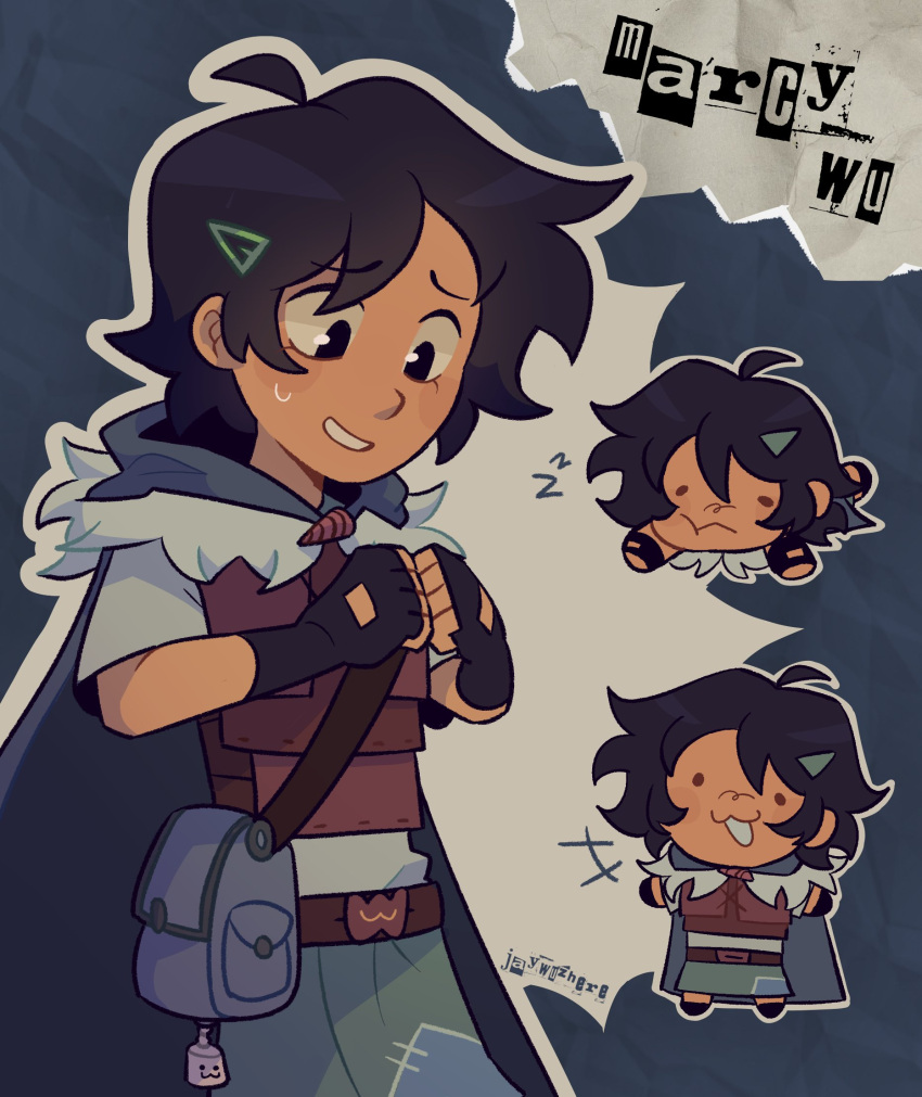 Safebooru - 1girl amphibia armor bag black eyes black hair blue cape ...