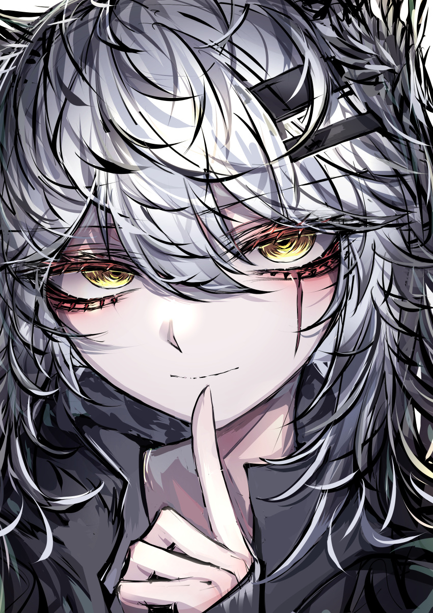 Safebooru - 1girl 33 gaff absurdres arknights close-up closed mouth commentary finger to mouth ...