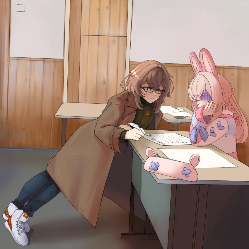 Safebooru - 2girls @ @ ahoge animal ears blue pants brown coat brown eyes brown hair clio aite ...