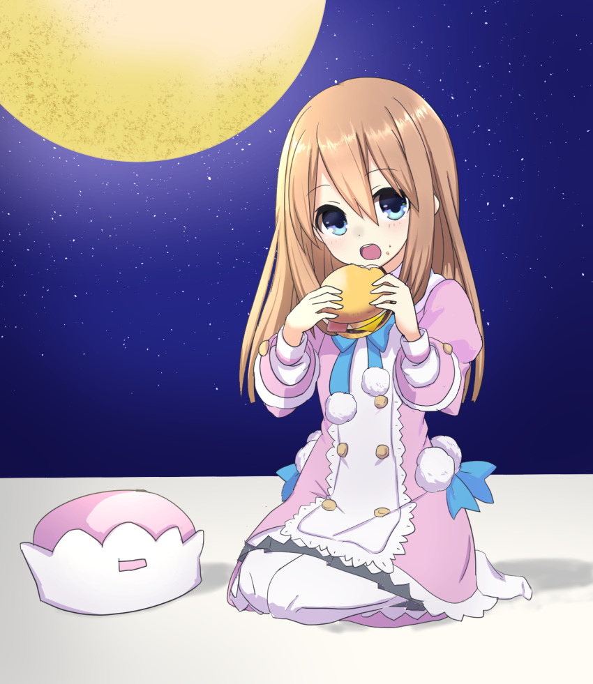 Safebooru - 1girl blue bow blue bowtie blue eyes bow bowtie brown hair burger coat eating food ...