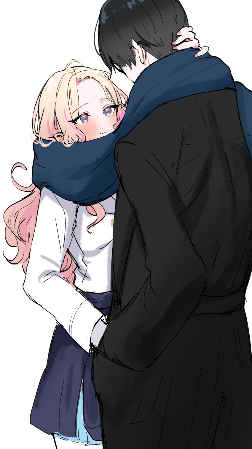 Safebooru - 1boy 1girl absurdres black coat black hair blonde hair blue overskirt blue skirt ...