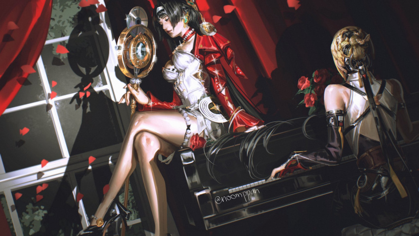 Safebooru - 2girls astra yao black hair blonde hair coat diffraction spikes dress evelyn ...