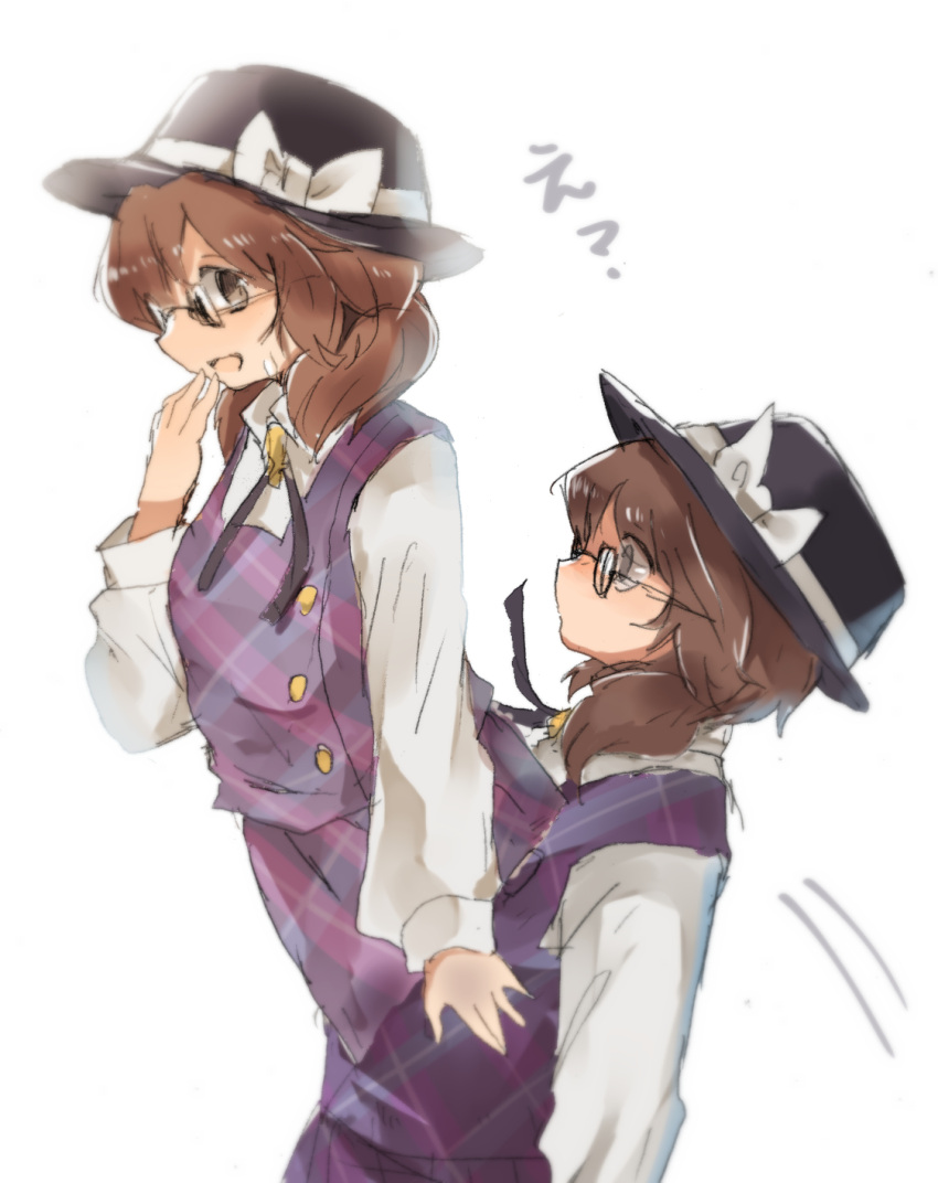 Safebooru - 2girls brown hair doppelganger dual persona fedora hat ...