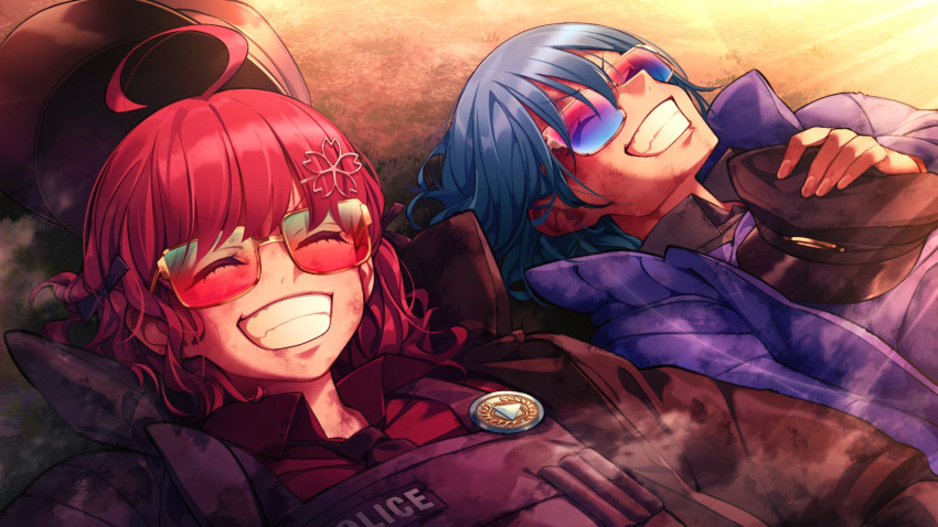 Safebooru - 2girls ahoge blue-tinted eyewear blue hair bulletproof vest ...