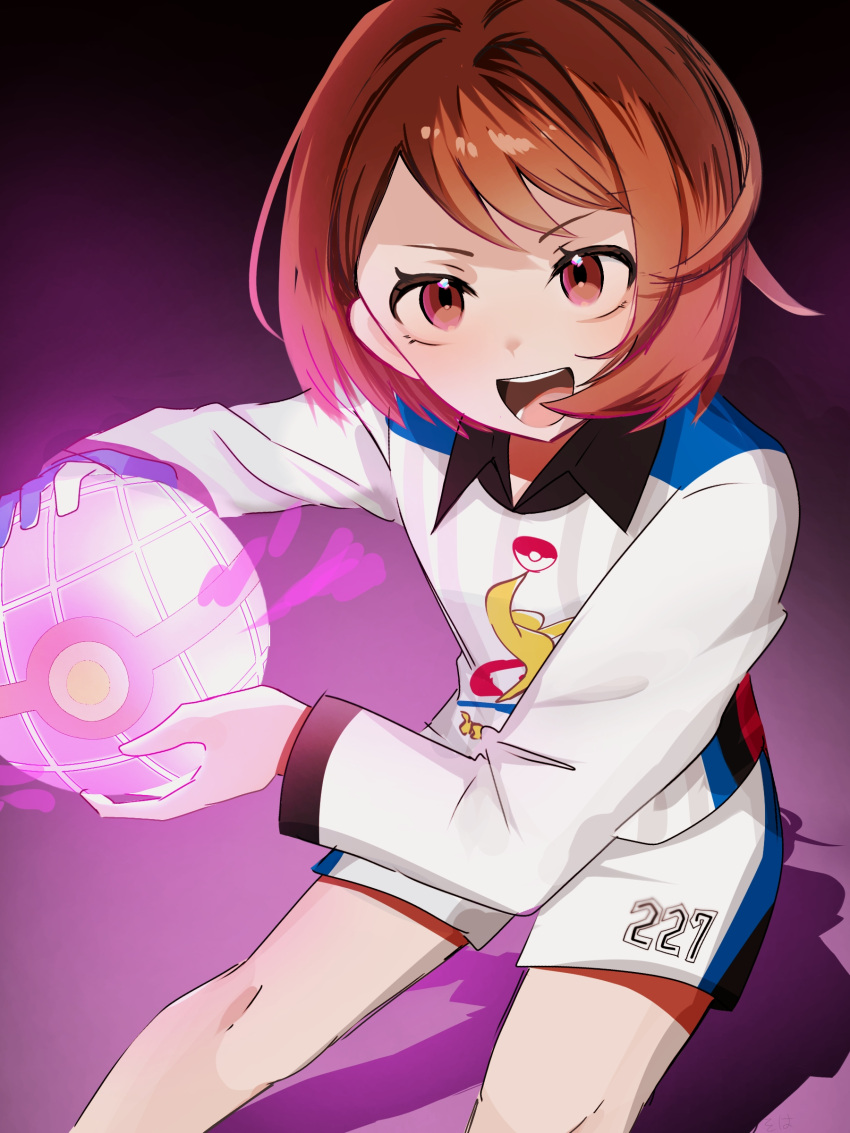 Safebooru - 1girl :d absurdres blue gloves brown eyes brown hair ...