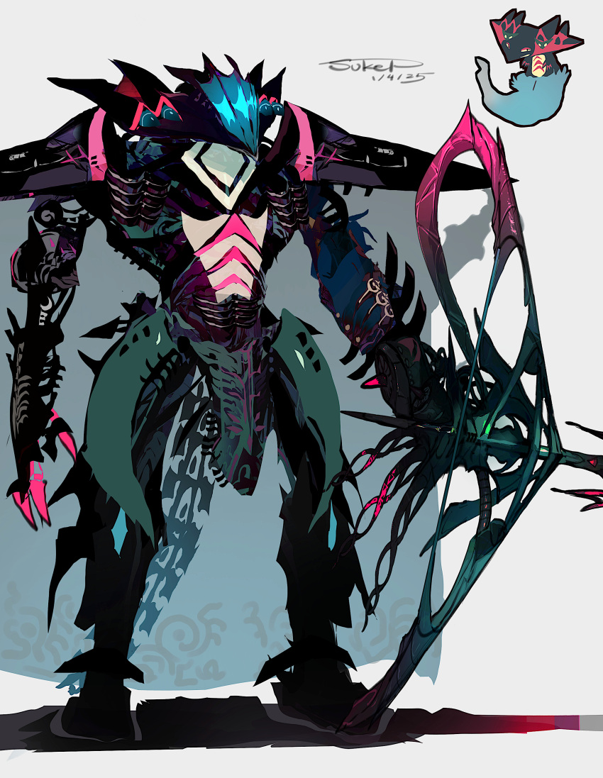 Safebooru - absurdres armor bow (weapon) cape dated dragapult grey ...