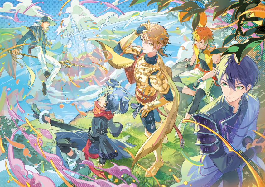 Safebooru - 5boys animal on shoulder ankle boots arm strap arm support ...