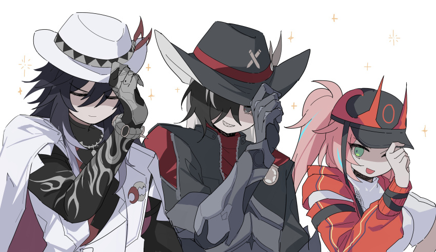 Safebooru - 1girl 2boys absurdres adjusting clothes adjusting headwear ...