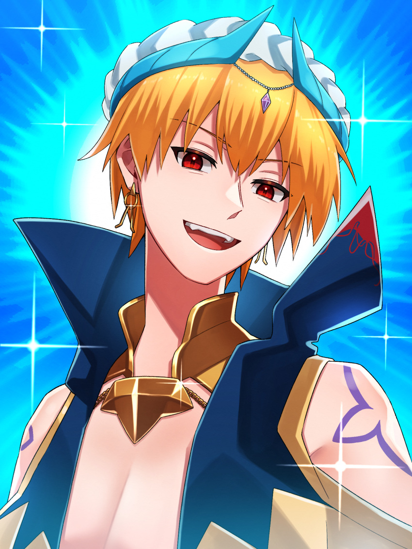 Safebooru - 1boy armor bare shoulders blonde hair blue background blue ...