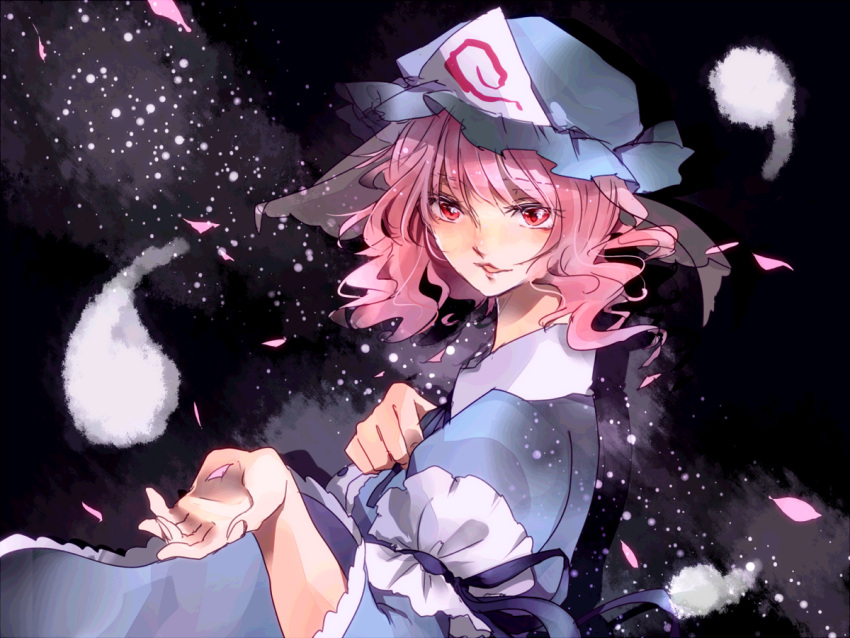 Safebooru - bust hat hitodama petals pink hair red eyes ribbon ...