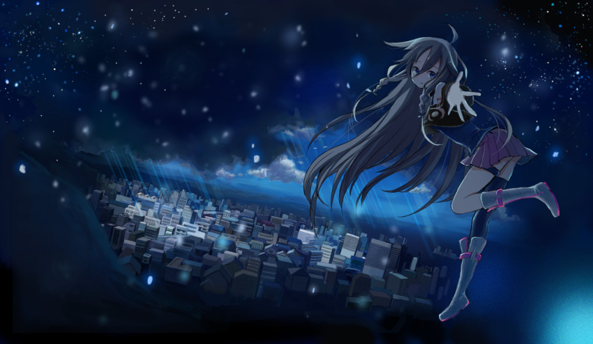 Safebooru - ahoge blue eyes boots braid cityscape ia (vocaloid) long hair looking at viewer ...