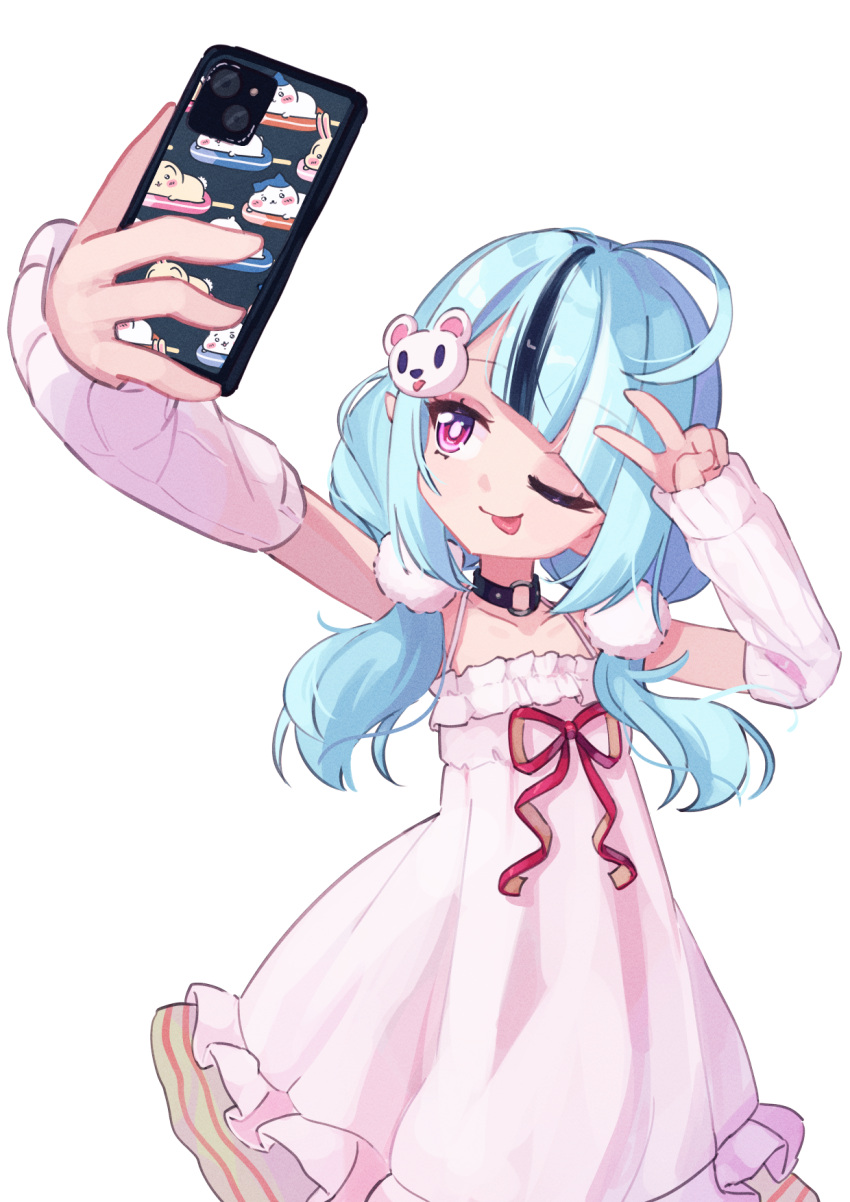 Safebooru - 1girl ahoge blue hair cellphone commentary commission dress ...