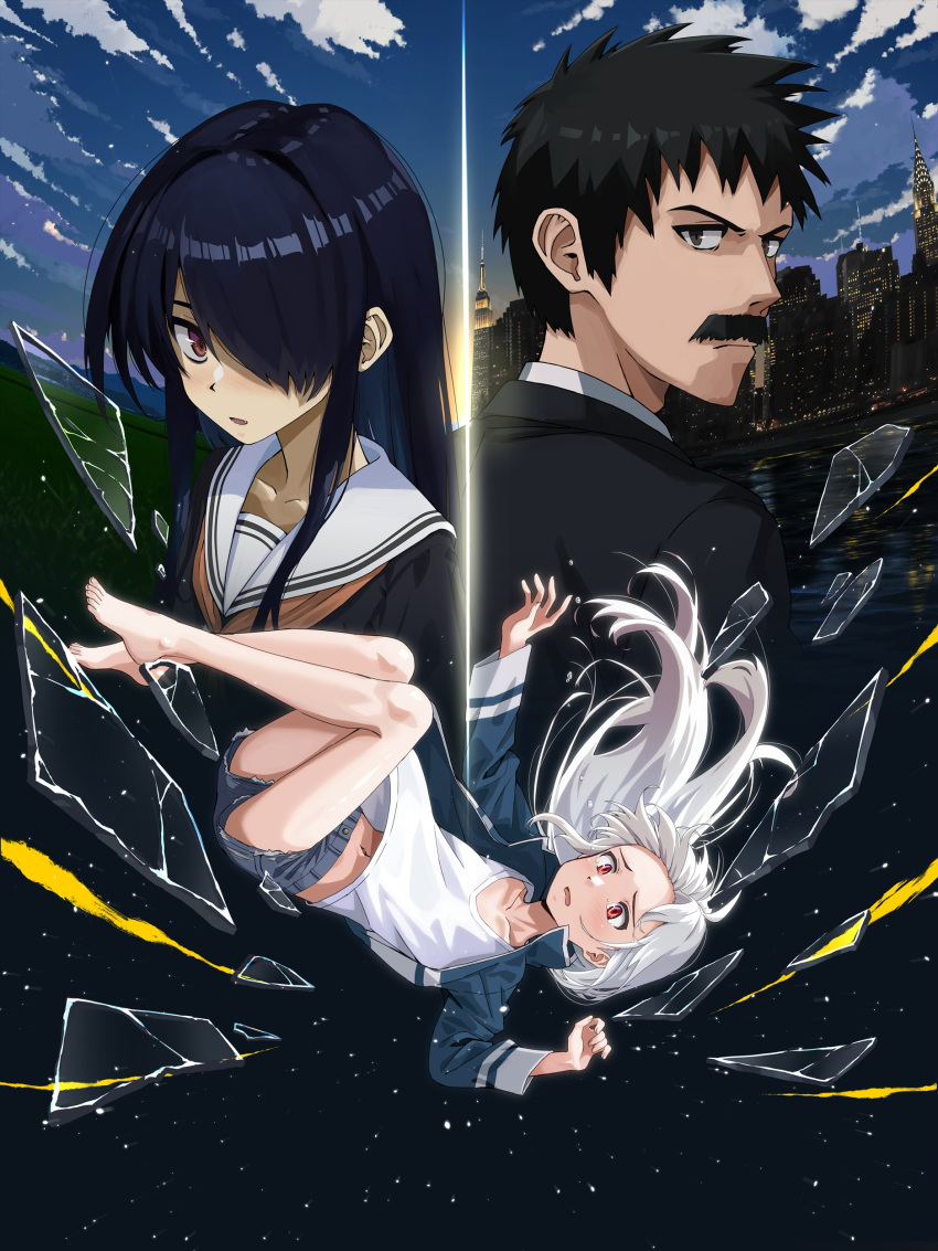 Safebooru - 1boy 2girls absurdres barefoot black eyes black hair broken ...