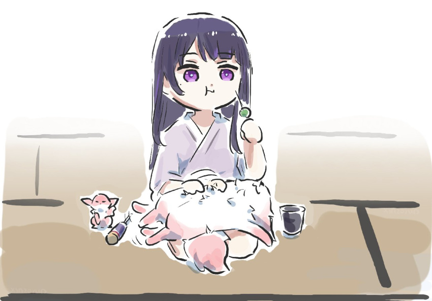 Safebooru - 1girl black jacket closed mouth commentary cup dango eating ...