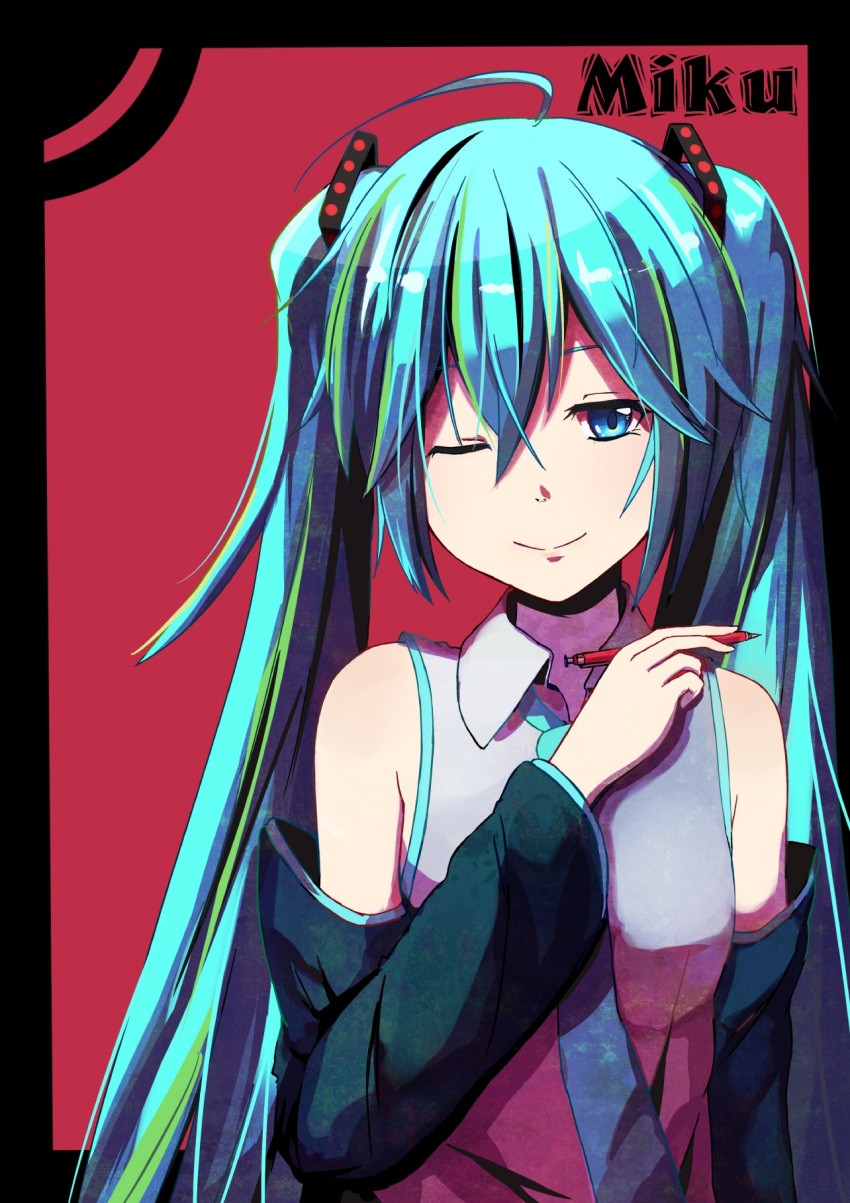 Safebooru - 1girl ahoge aqua eyes aqua hair character name detached sleeves hatsune miku highres ...