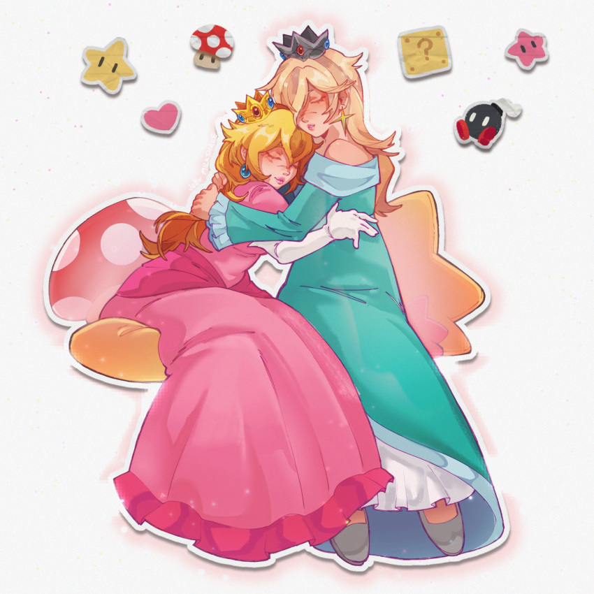 Safebooru - 2girls aqua dress block (mario) blonde hair bob-omb closed ...