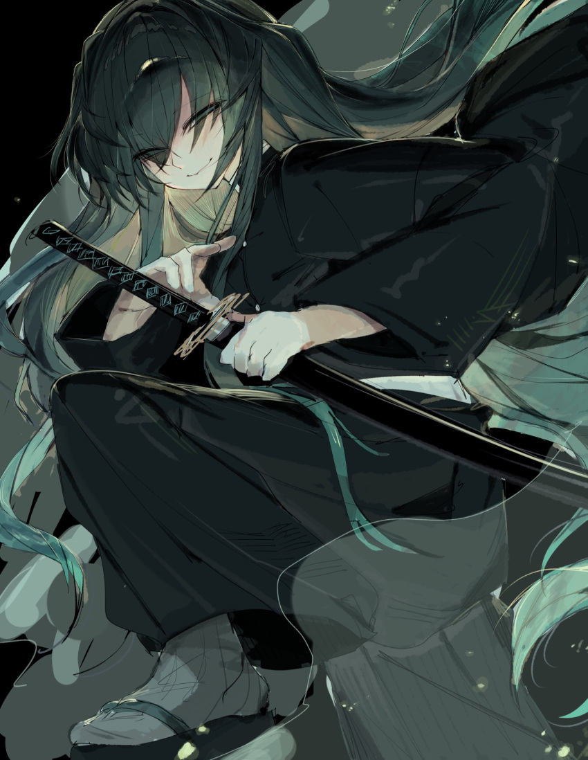 Safebooru - aqua eyes aqua hair black background black hair blue eyes ...