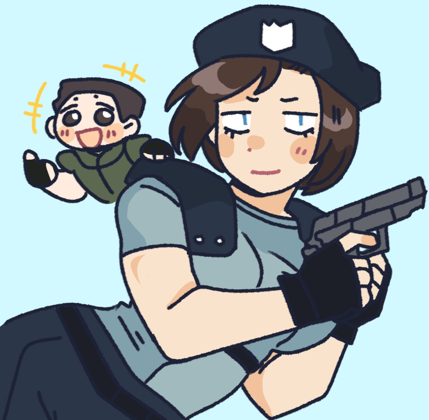 Safebooru - 1boy 1girl beretta 92 blue tank top blue tube top chibi ...
