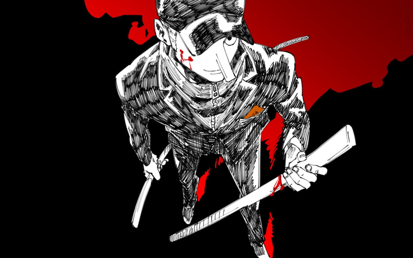 Safebooru - 1boy blood from above full body greyscale with colored ...