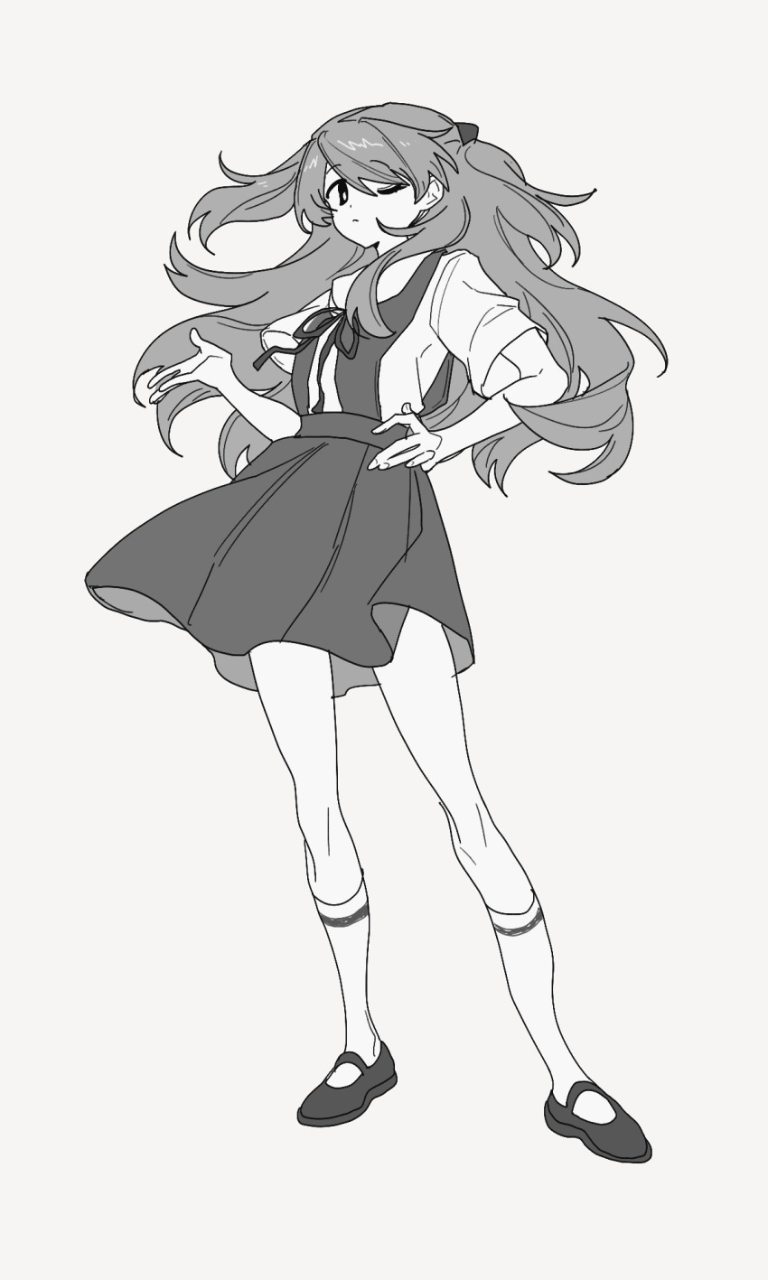 Safebooru - 1girl commentary dress edie zzzzz full body greyscale hand ...