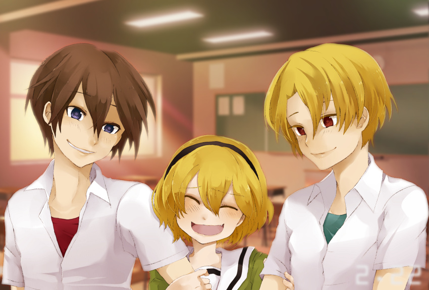 Safebooru - bad id blonde hair brown hair closed eyes fang happy ...