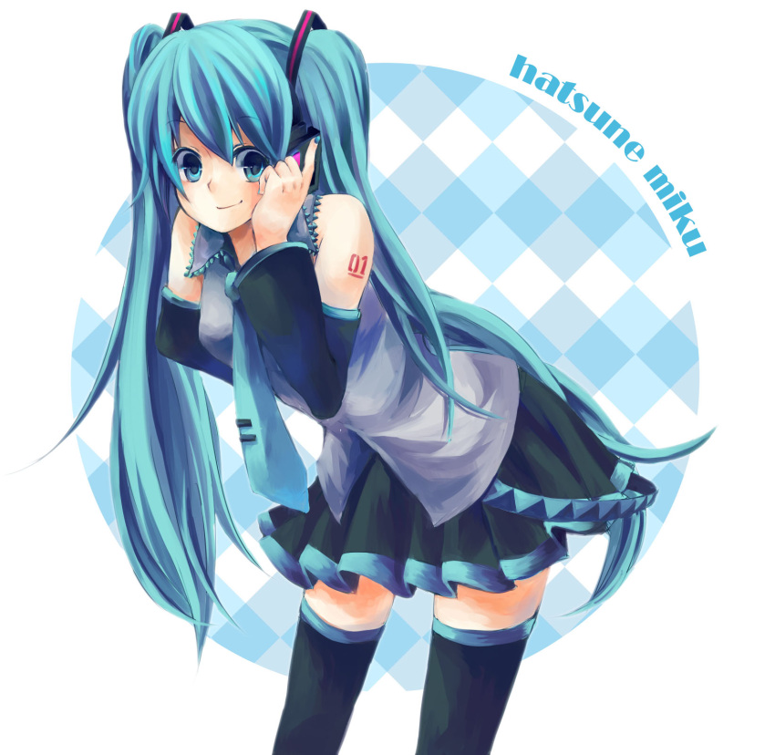Safebooru - aqua eyes aqua hair character name detached sleeves hand on headphones hatsune miku ...