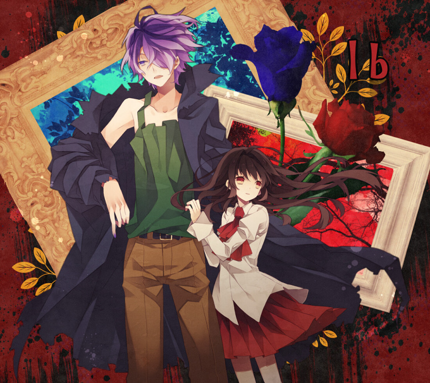 Safebooru - 1girl blue rose brown hair coat eve (ib) flower garry (ib ...