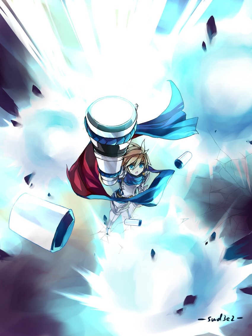 Safebooru - absurdres aqua background armor artist name blonde hair ...