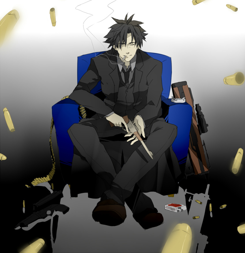 Safebooru - black eyes black hair bullet cigarette couch emiya ...