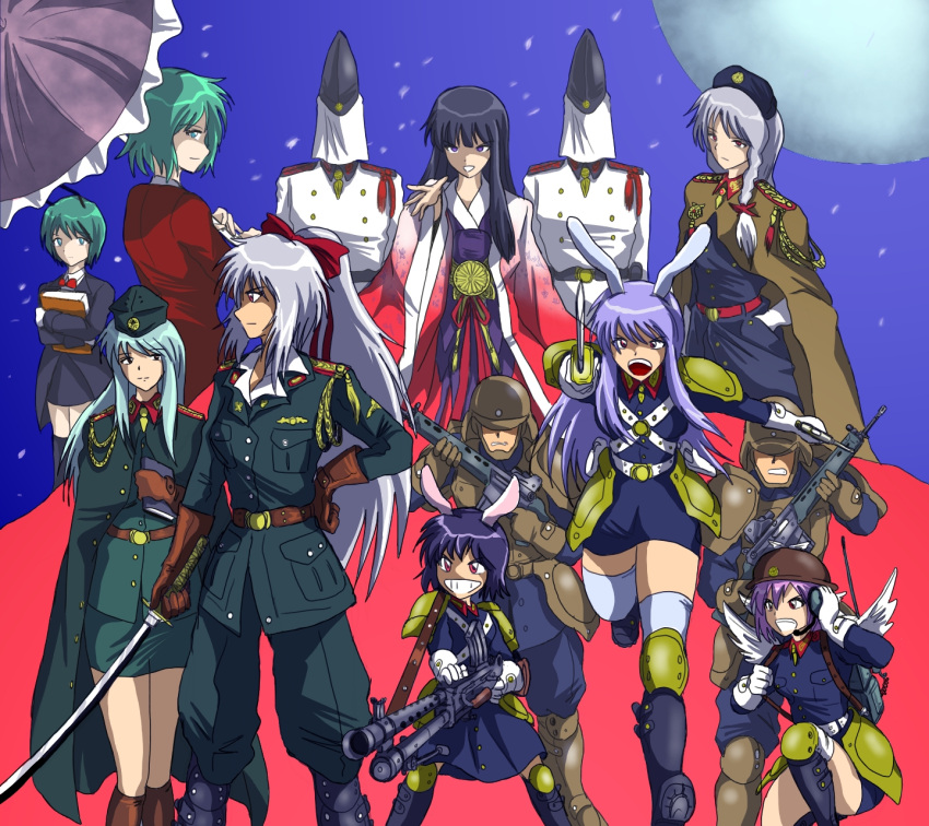 Safebooru - 6+girls cape everyone fujiwara no mokou gun highres ...