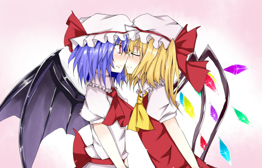 Safebooru - ascot bat wings blonde hair blue hair blush closed eyes crystal eyes closed flandre ...