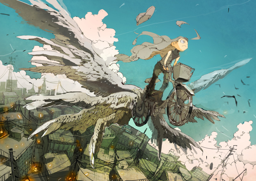 Safebooru - ahoge baseball cap bicycle cloud clouds flying grey hair ...