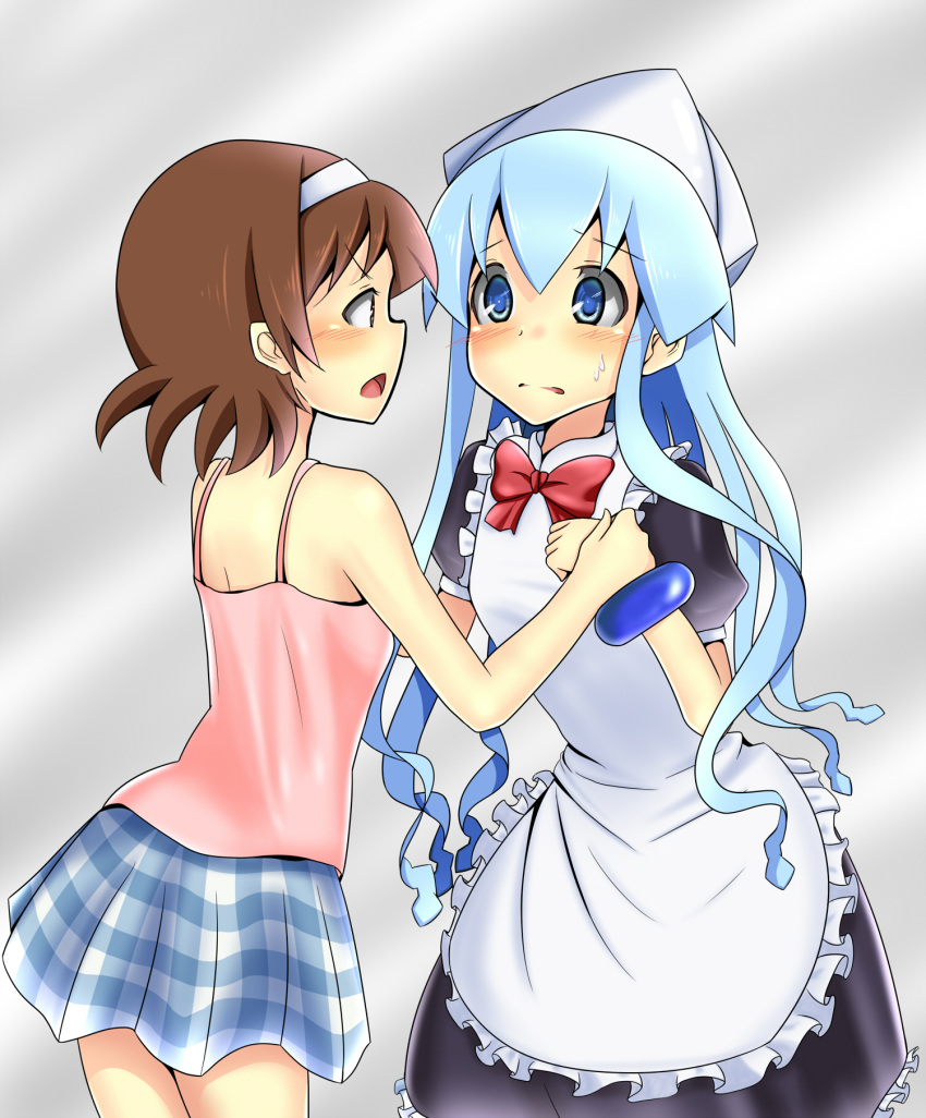 Safebooru - blue eyes blue hair brown hair casual hairband hat highres ikamusume long hair maid ...