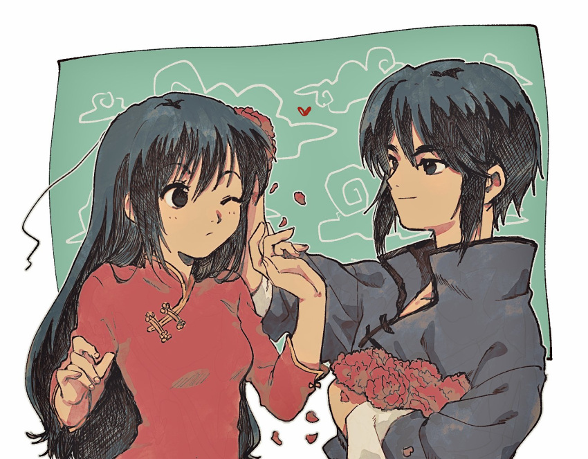 Safebooru - 1boy 1girl axis powers hetalia black eyes black hair black shirt border china dress ...