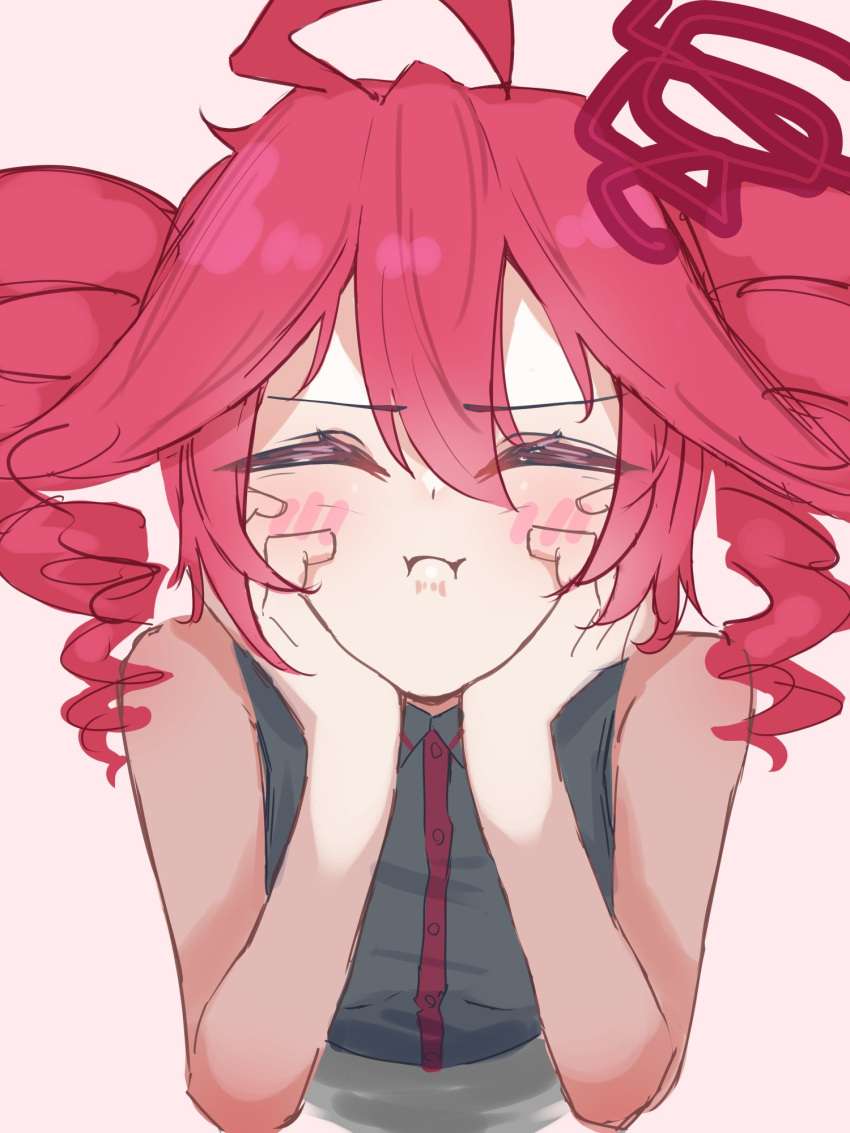 Safebooru - 1girl :i ahoge bare shoulders black shirt blush closed eyes cropped torso drill hair ...
