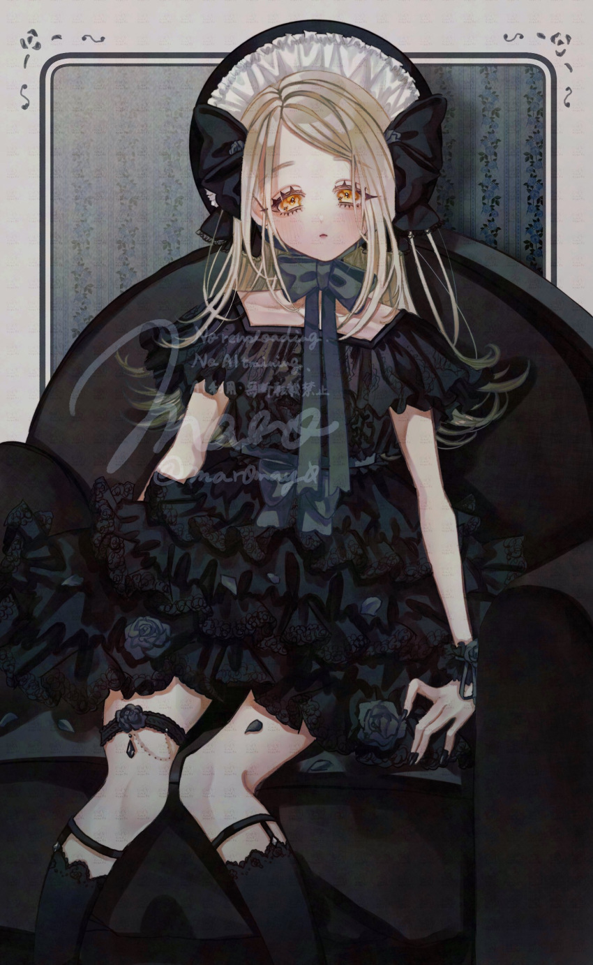 Safebooru - 1girl absurdres alternate costume armchair black dress black nails blonde hair blush ...