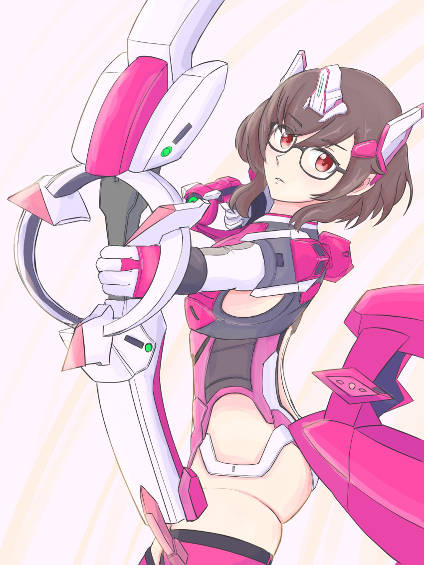 Safebooru - 1girl alice gear aegis black-framed eyewear bow (weapon) brown hair chishima miyuki ...