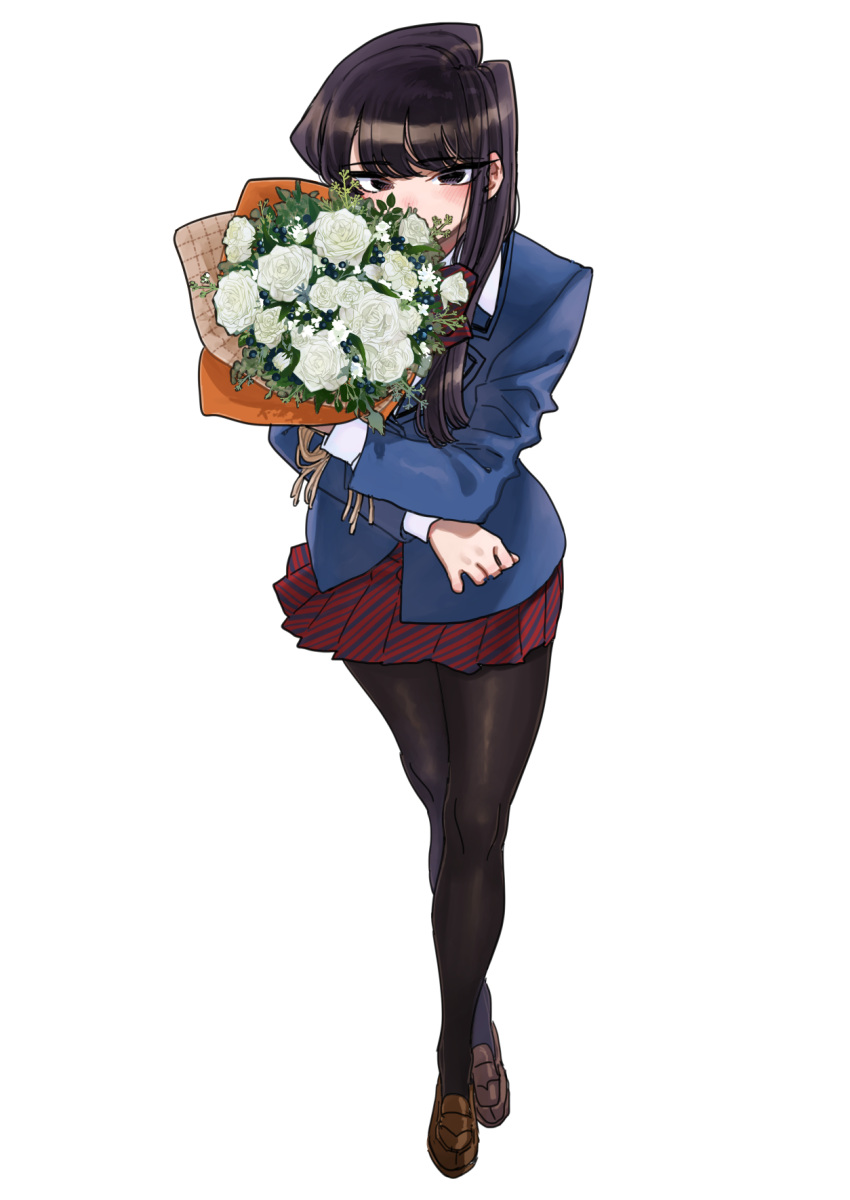 Safebooru - 1girl black eyes black hair black pantyhose blazer blue jacket bouquet brown shoes ...