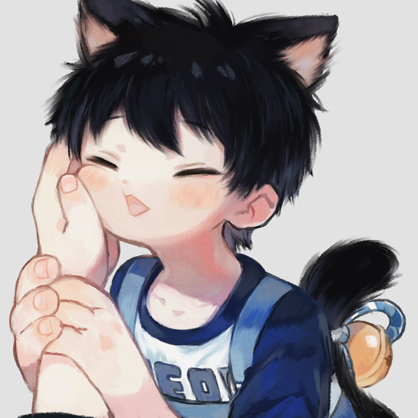 Safebooru - 1boy animal ears bell black hair blue sleeves blush cat boy cat ears cat tail closed ...